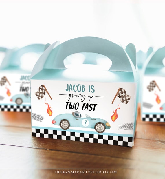 Editable Growing Up Two Fast Gable Box Favor Blue Race Car Birthday ...
