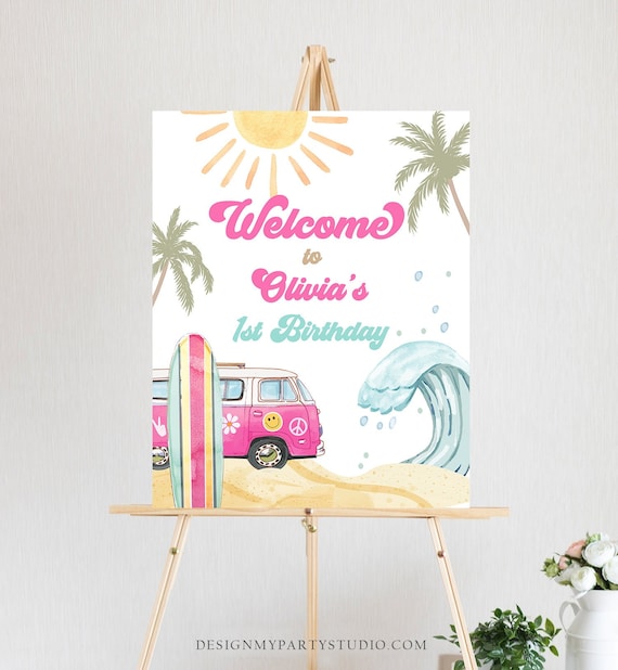 Editable Surf Birthday Welcome Sign Girl The Big One Surf's Up Birthday ...