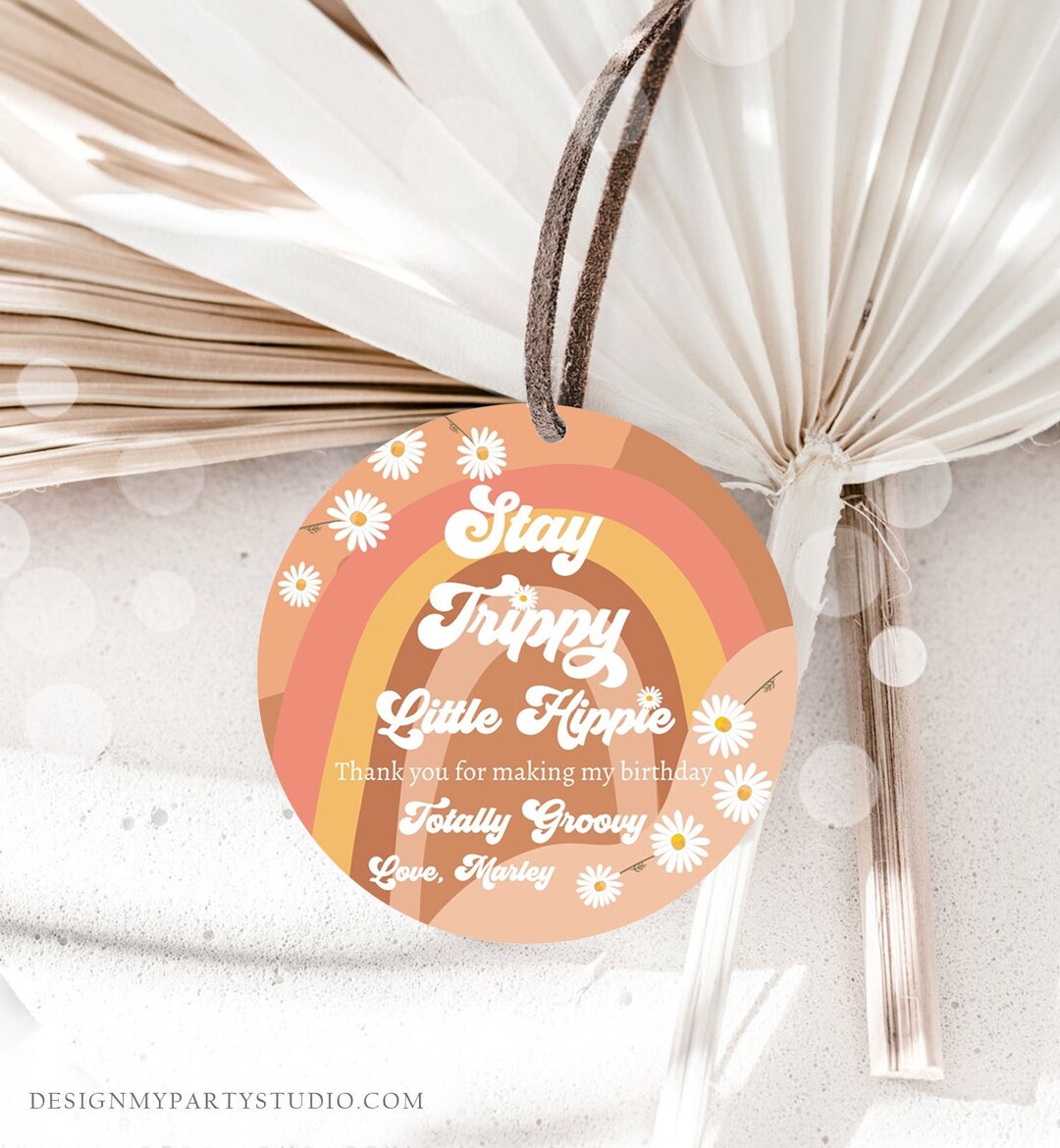 Editable Groovy 1st Favor Tag Retro Daisy Birthday Thank You Sticker ...