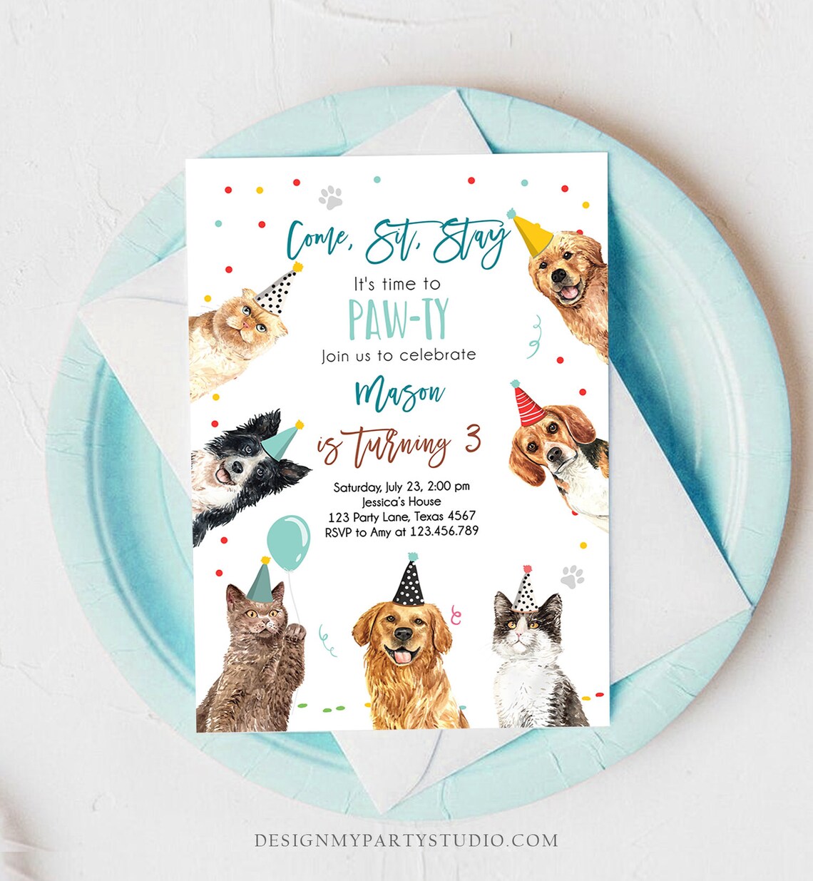 Editable Cats and Dogs Birthday Invitation Cat Dog Birthday Party ...