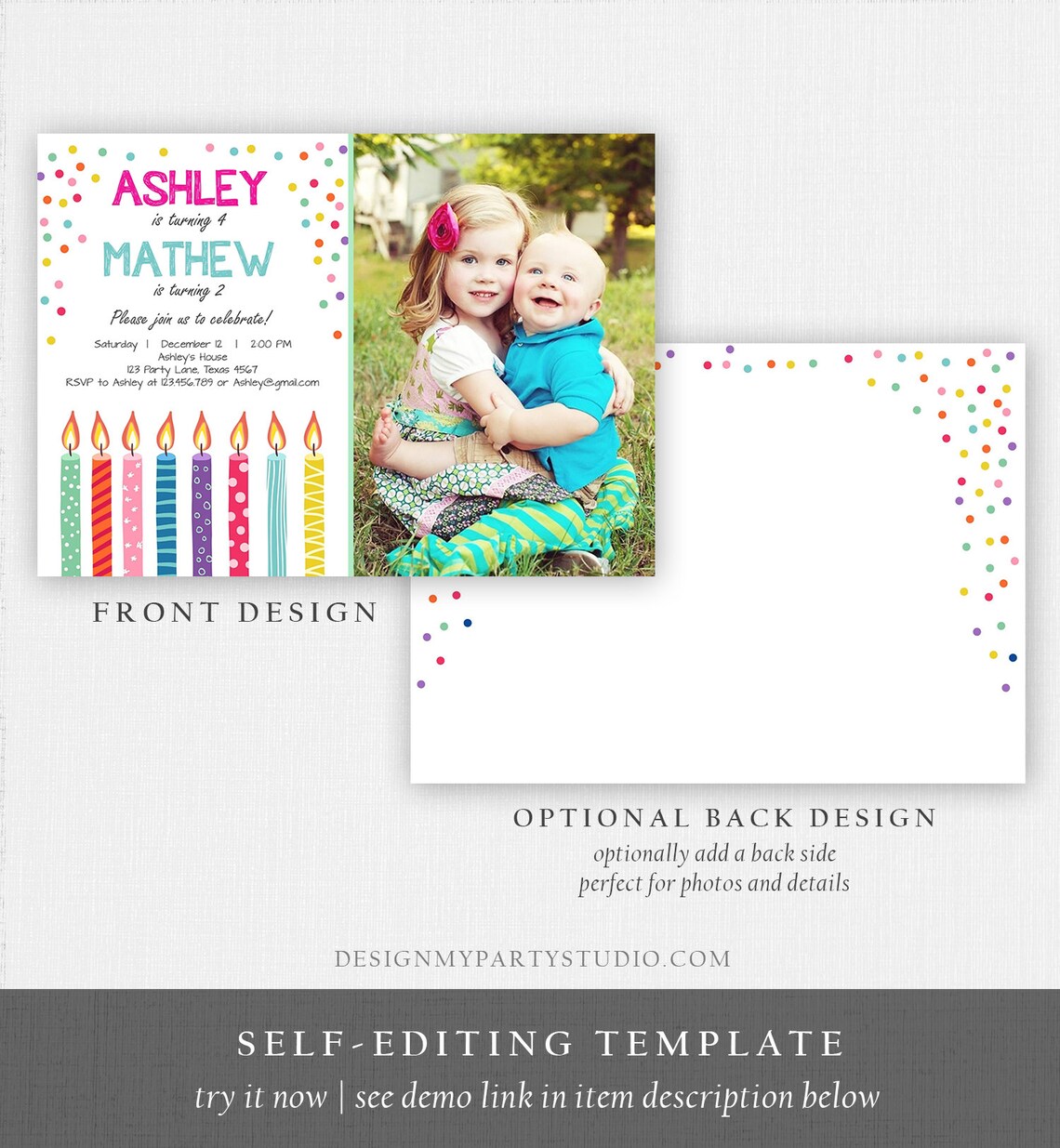 Editable Joint Twin Birthday Invitation Twins Confetti Siblings ...