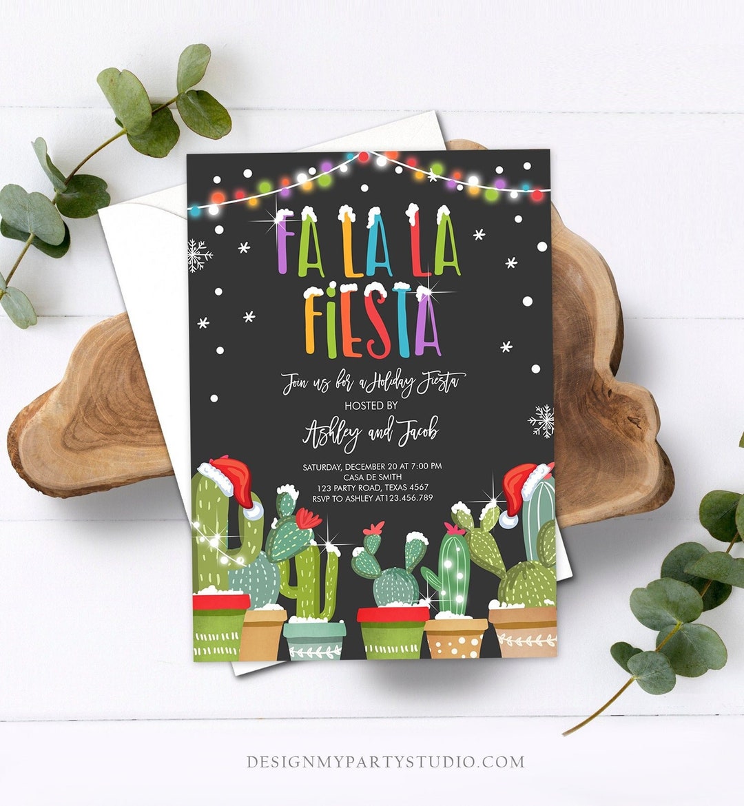 Editable Fa La La Christmas Fiesta Invitation Cactus Mexican Holiday ...
