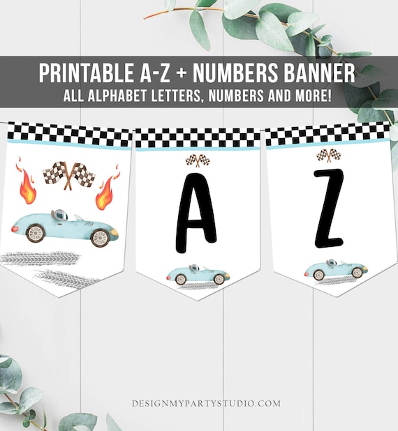 Race Car Alphabet Banner Blue Race Car Letters A to Z Racing Birthday ...