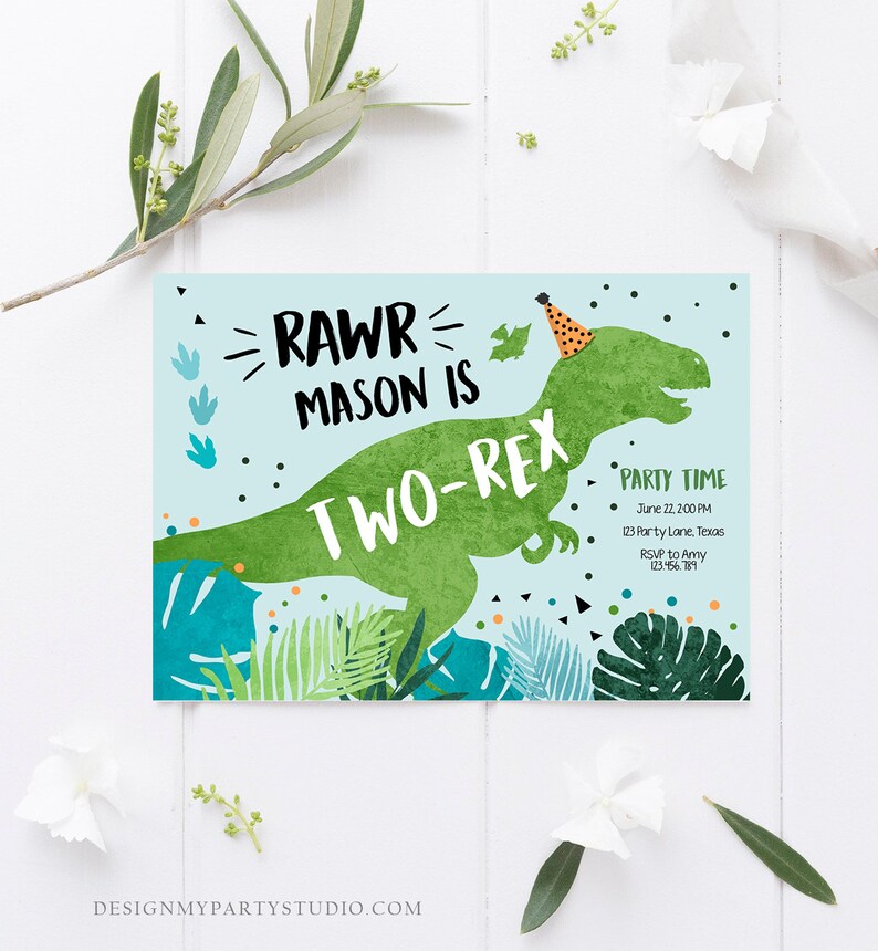 Editable Two-rex Dinosaur Birthday Invitation Dino T-rex | Etsy
