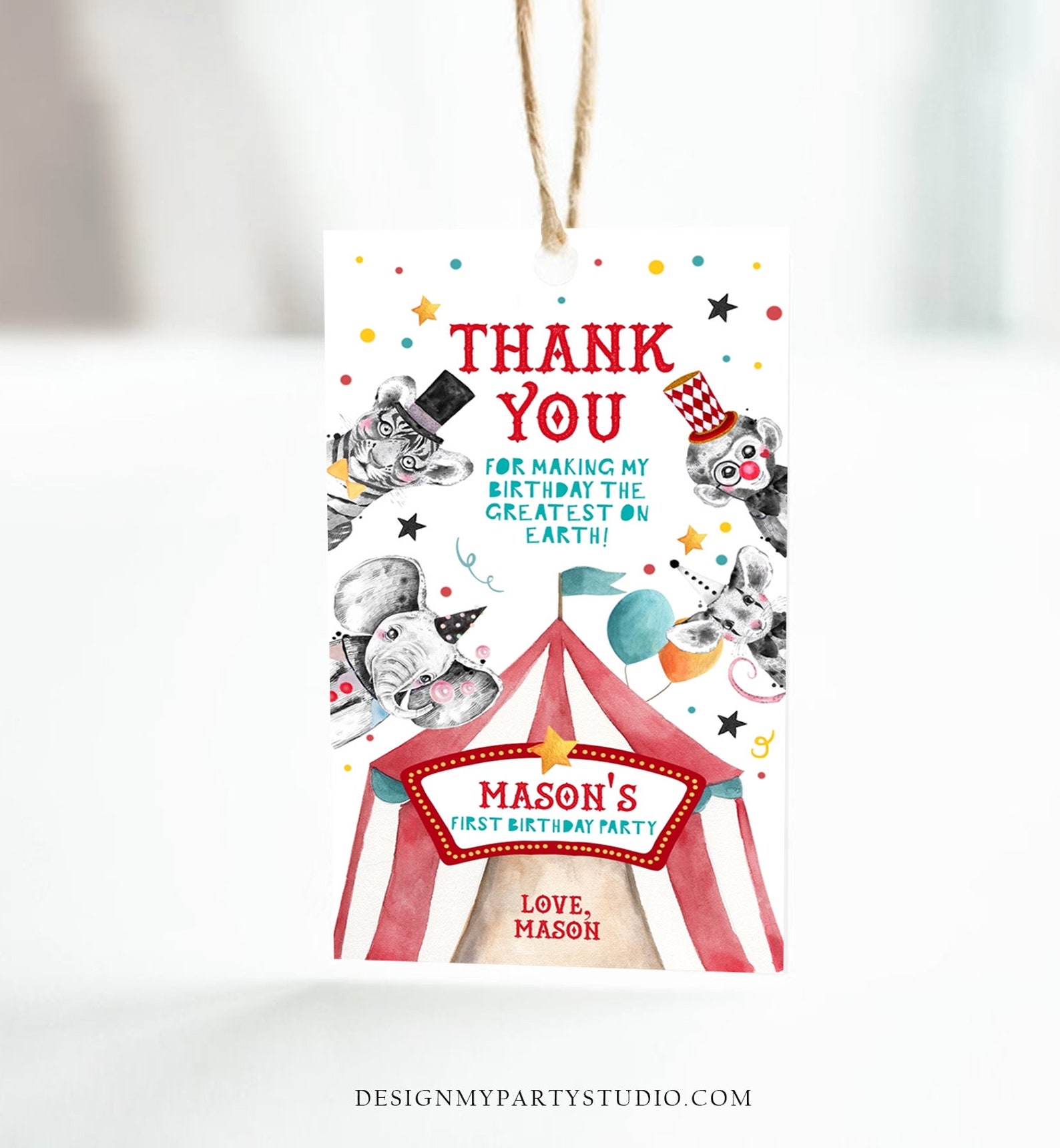 Editable Circus Thank You Tags Carnival Birthday Favor Tags Boy Vintage ...