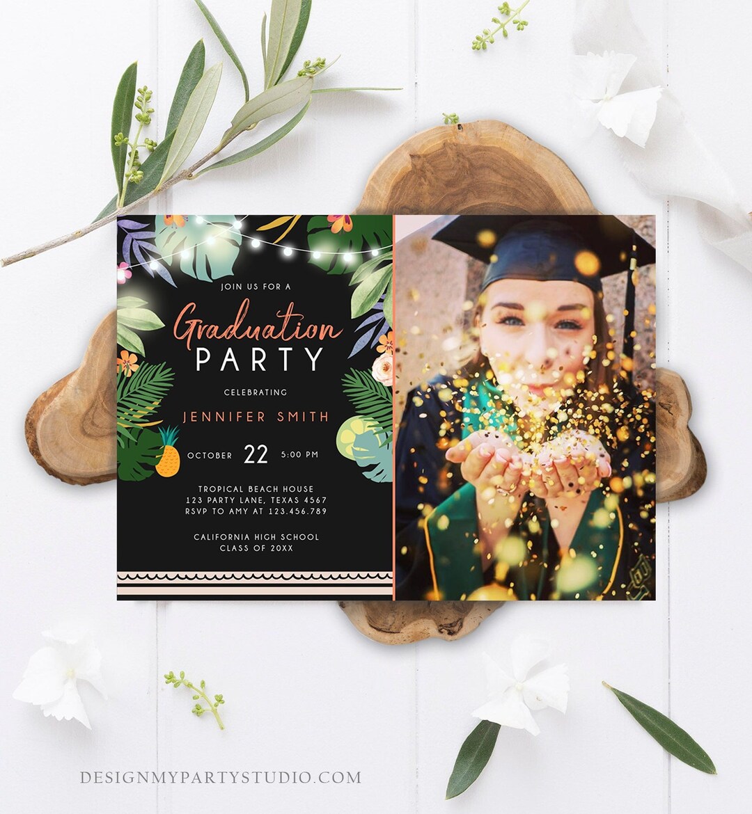 Editable Tropical Graduation Party Invitation Luau Class of College ...