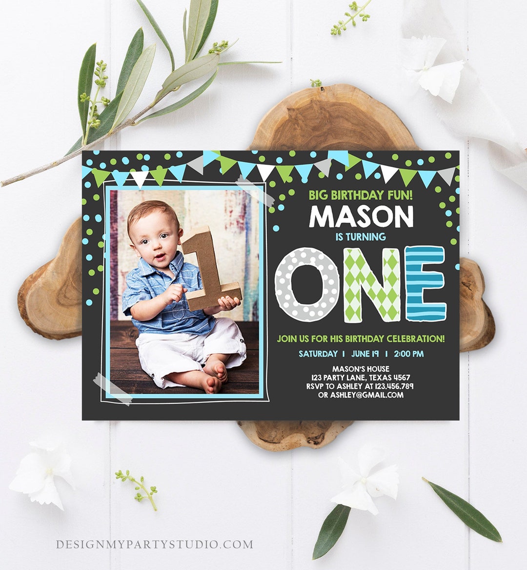 Editable Boy First Birthday Invitation One Green Blue Paper Chalk ...