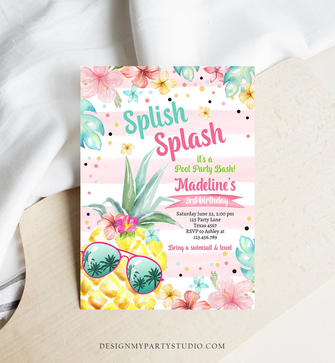 Editable Splish Splash Birthday Party Invitation Pineapple Birthday Pool Party Pineapple Pink ...