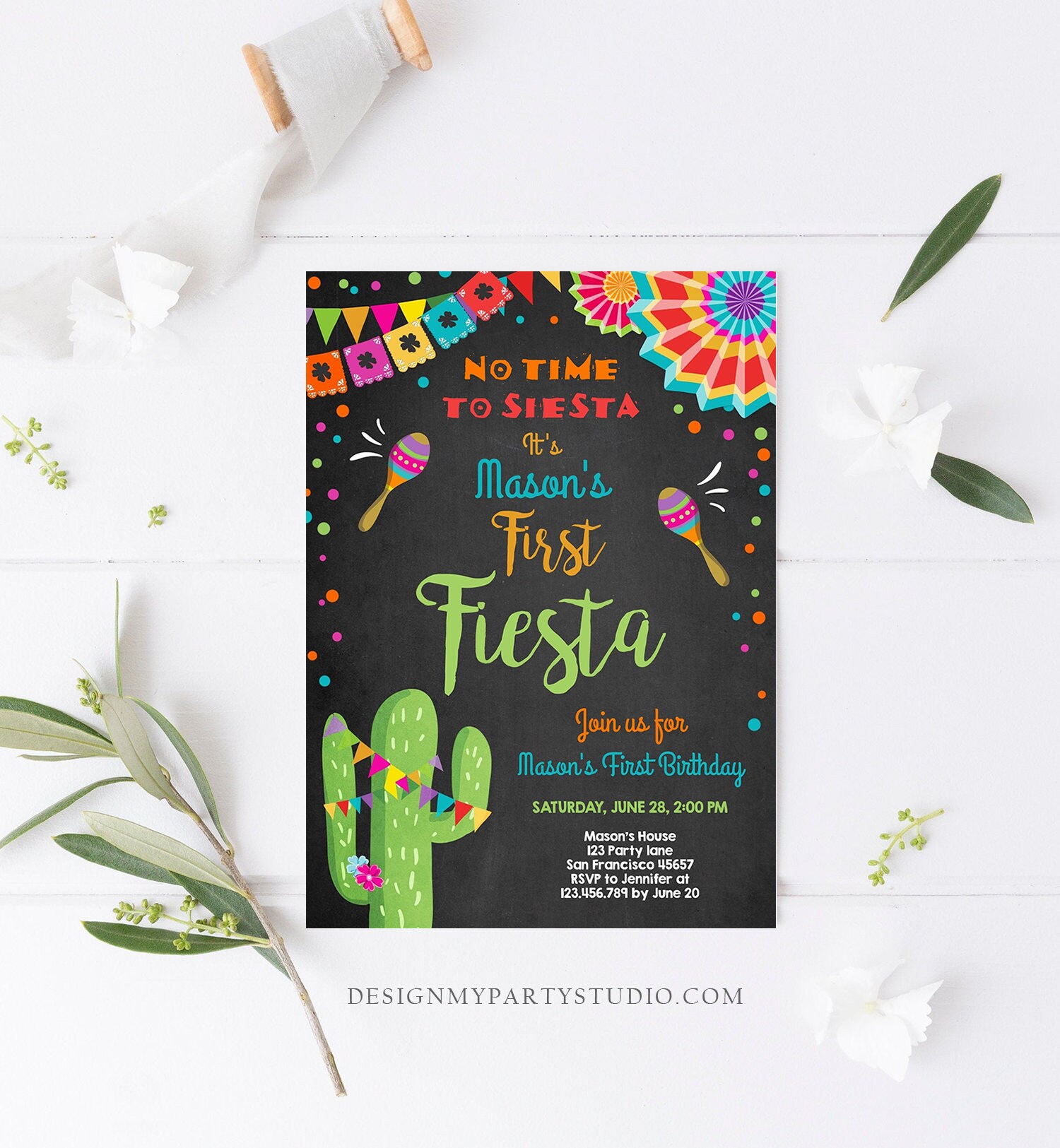 Editable First Fiesta Birthday Invitation Let's Fiesta No Time to ...