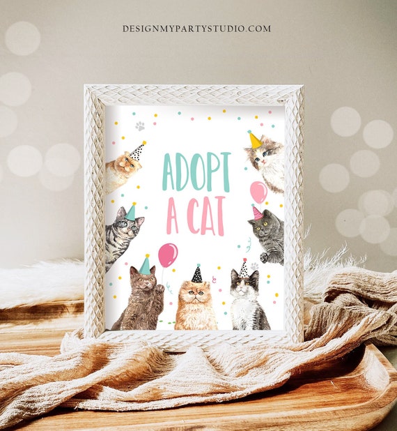 Adopt a Kitten Birthday Sign Table Decor Cat Party Kitty Birthday ...