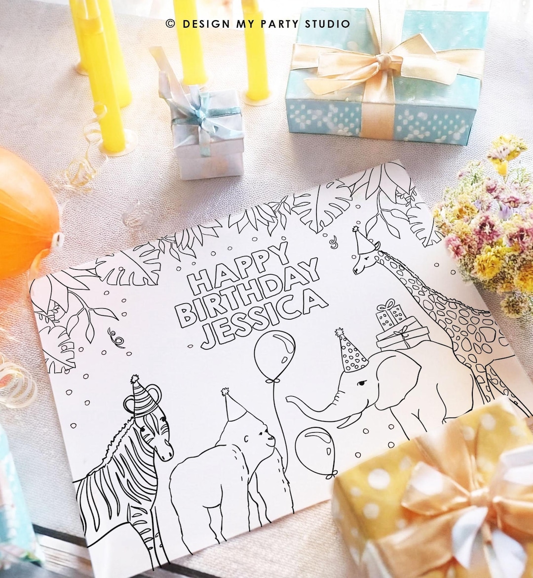 Editable Coloring Page Safari Animal Birthday Party Activity Game Wild ...