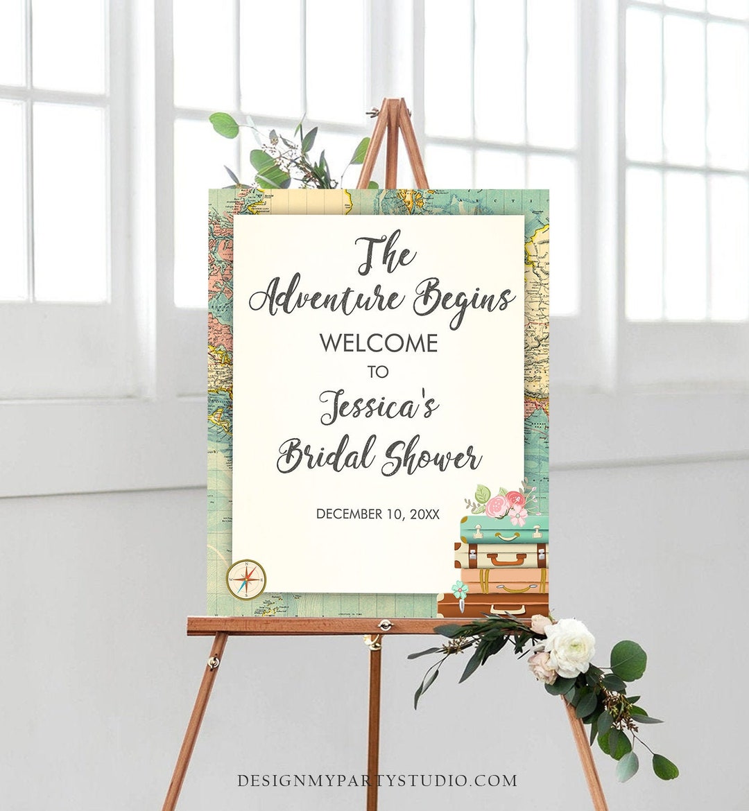 Editable Adventure Begins Welcome Sign Bridal Shower Travel Adventure ...