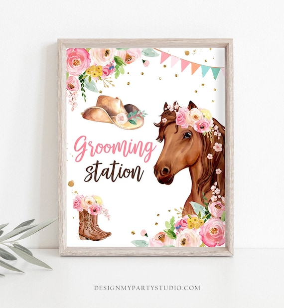 Grooming Station Sign Cowgirl Party Decor Floral Pink Pony Birthday ...