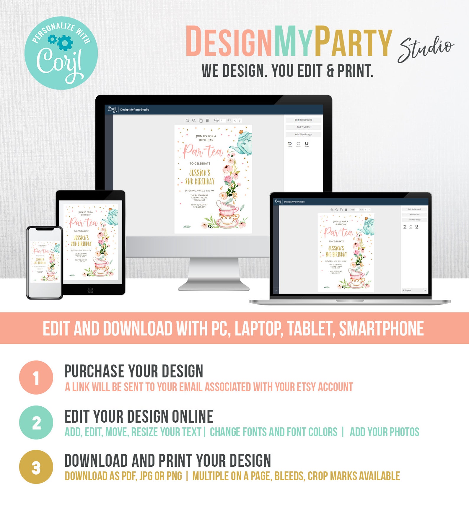 Editable Tea Birthday Invitation Girl Par-tea Invite Virtual - Etsy