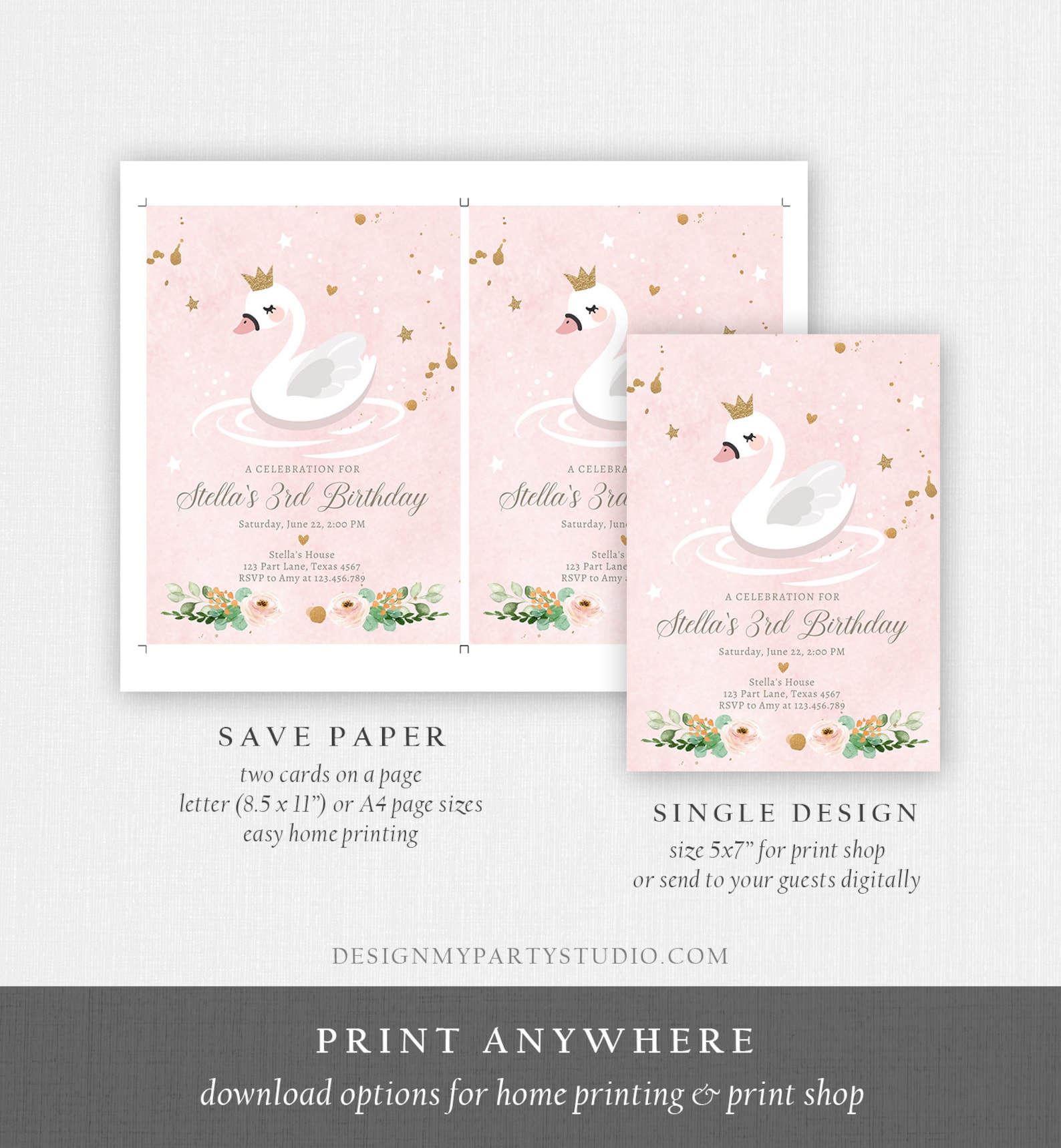 Editable Swan Birthday Invitation Girl Swan Princess Birthday - Etsy