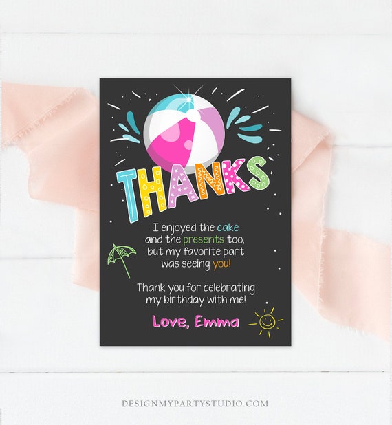 Editable Splish Splash Pool Party Thank You Card Birthday Pool Party ...