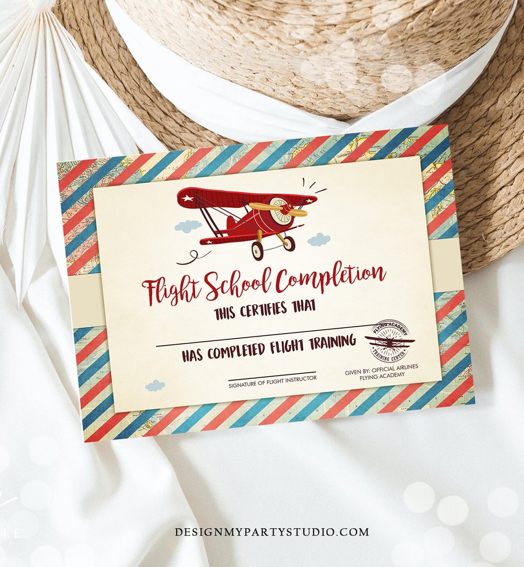 Flight School Certificate Airplane Birthday Party Certificate Boy ...