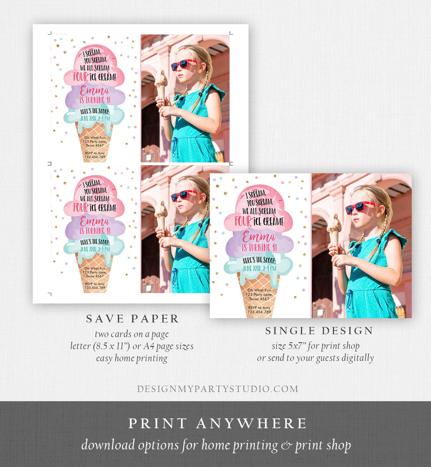 Editable Ice Cream I Scream Birthday Invitation Four Birthday - Etsy
