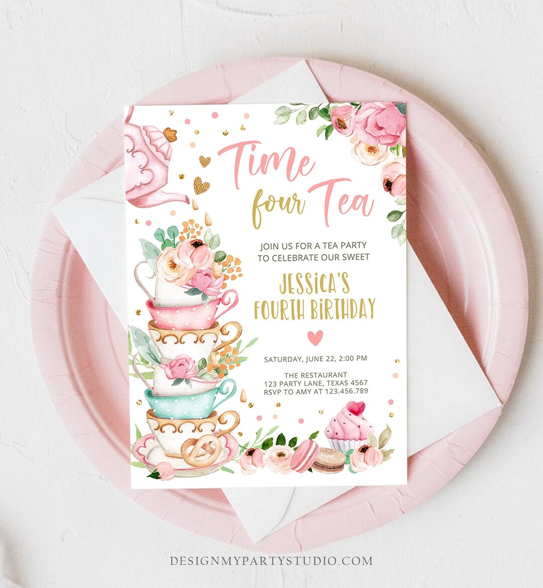 Editable Time Four Tea Birthday Invitation Girl Tea Party Invite Pink ...