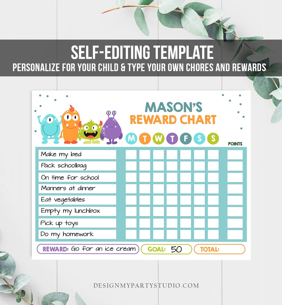 Editable Monster Reward Chart for Boys Printable Chore Chart | Etsy