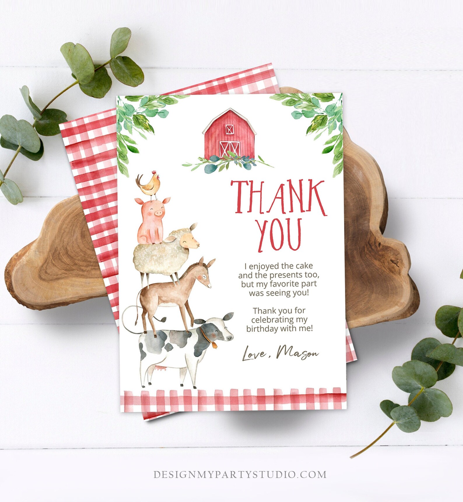 Editable Farm Animals Thank you Card Red Gingham Farm Birthday | Etsy