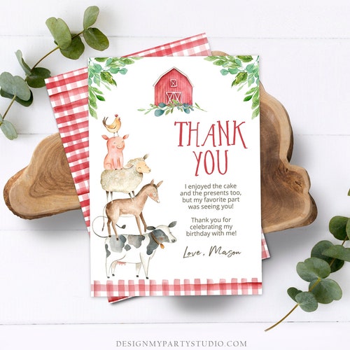 Editable Farm Animals Thank You Card Red Gingham Farm Birthday - Etsy