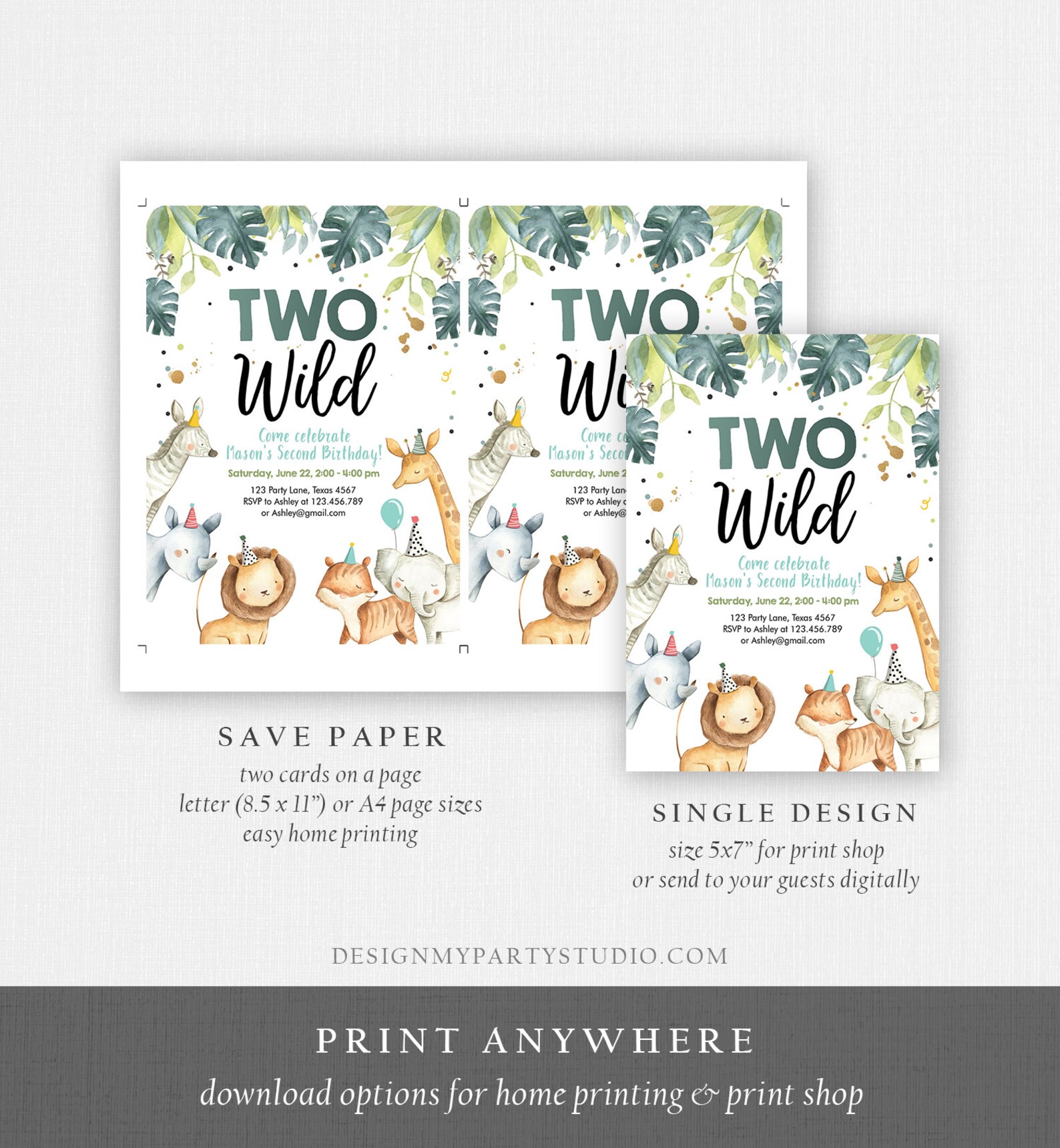 Editable Two Wild Birthday Invitation Boy Safari Animals Green - Etsy