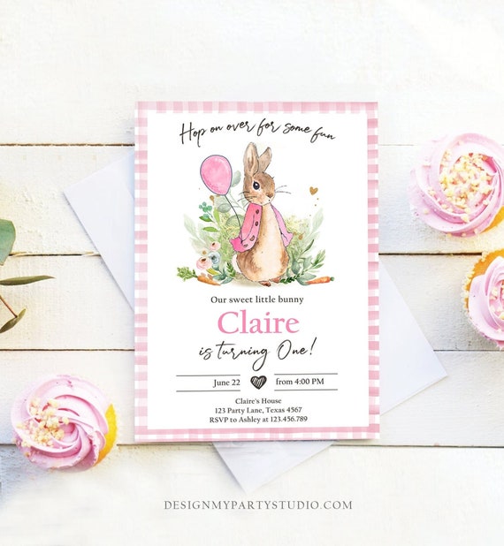 Editable Flopsy Bunny Birthday Invitation Girl Pink Rustic Peter Rabbit ...