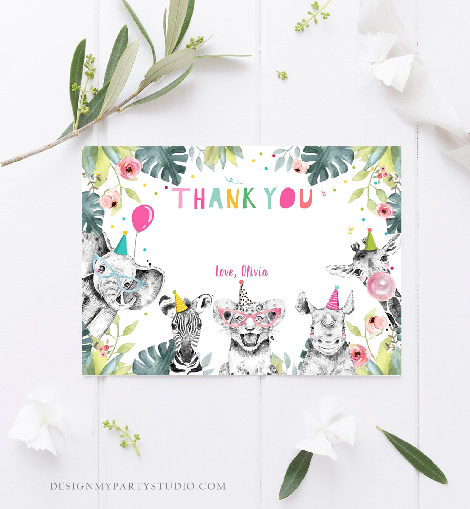Editable Party Animals Thank You Card Note Wild One Safari - Etsy