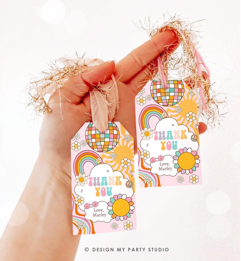 Editable Groovy Retro Favor Tag Disco Birthday Thank You Tag Girl Retro ...