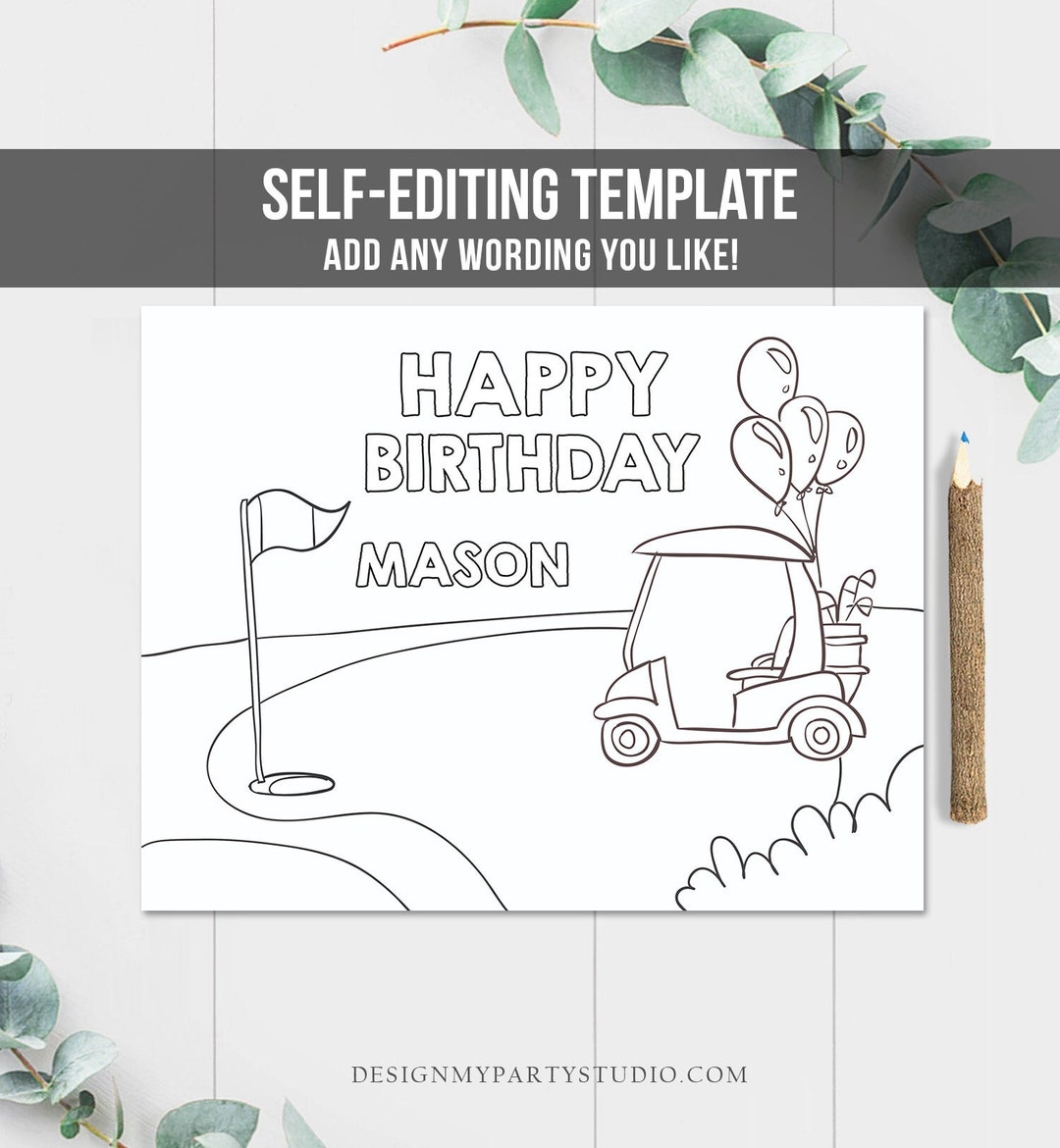Editable Coloring Page Golf Birthday Party Activity Game Golfing ...