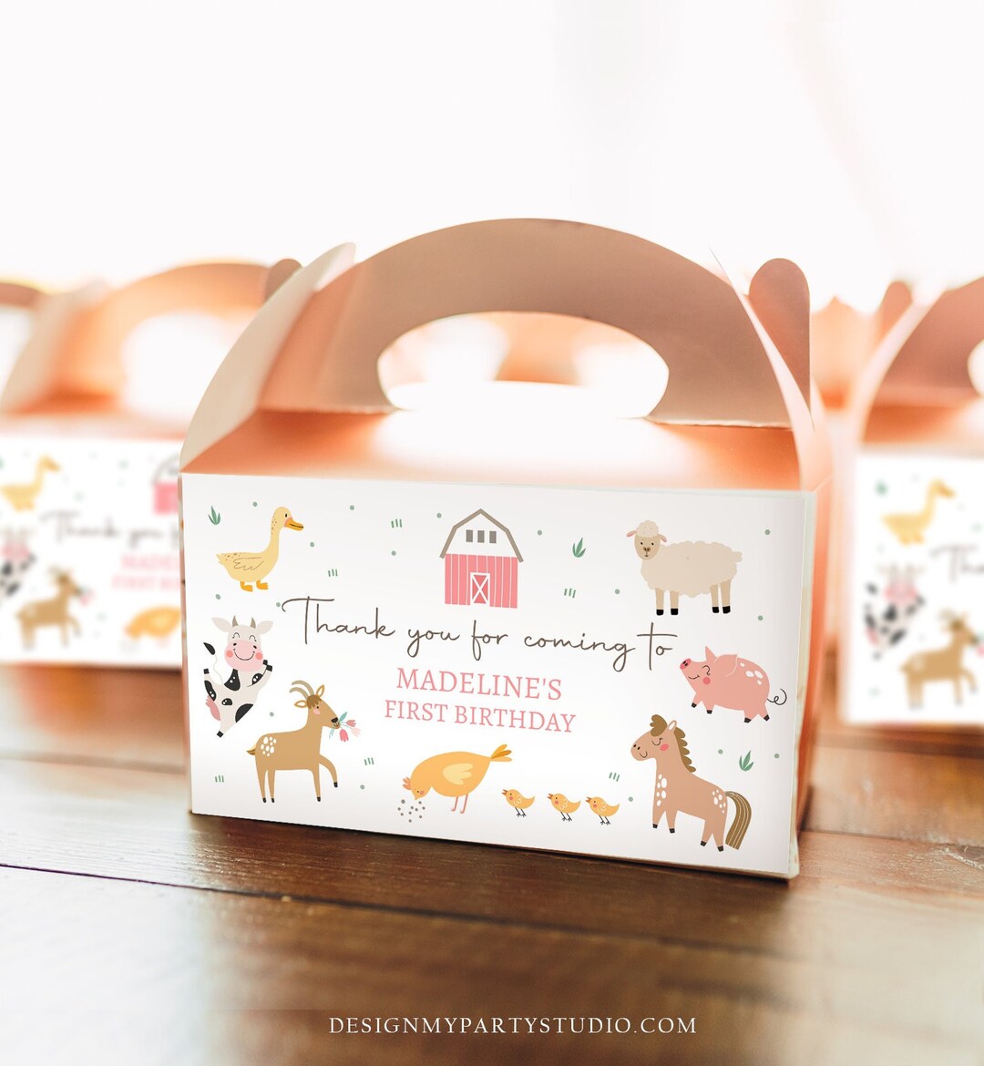 Editable Farm Animals Gable Gift Box Label Pink Farm Birthday Girl ...