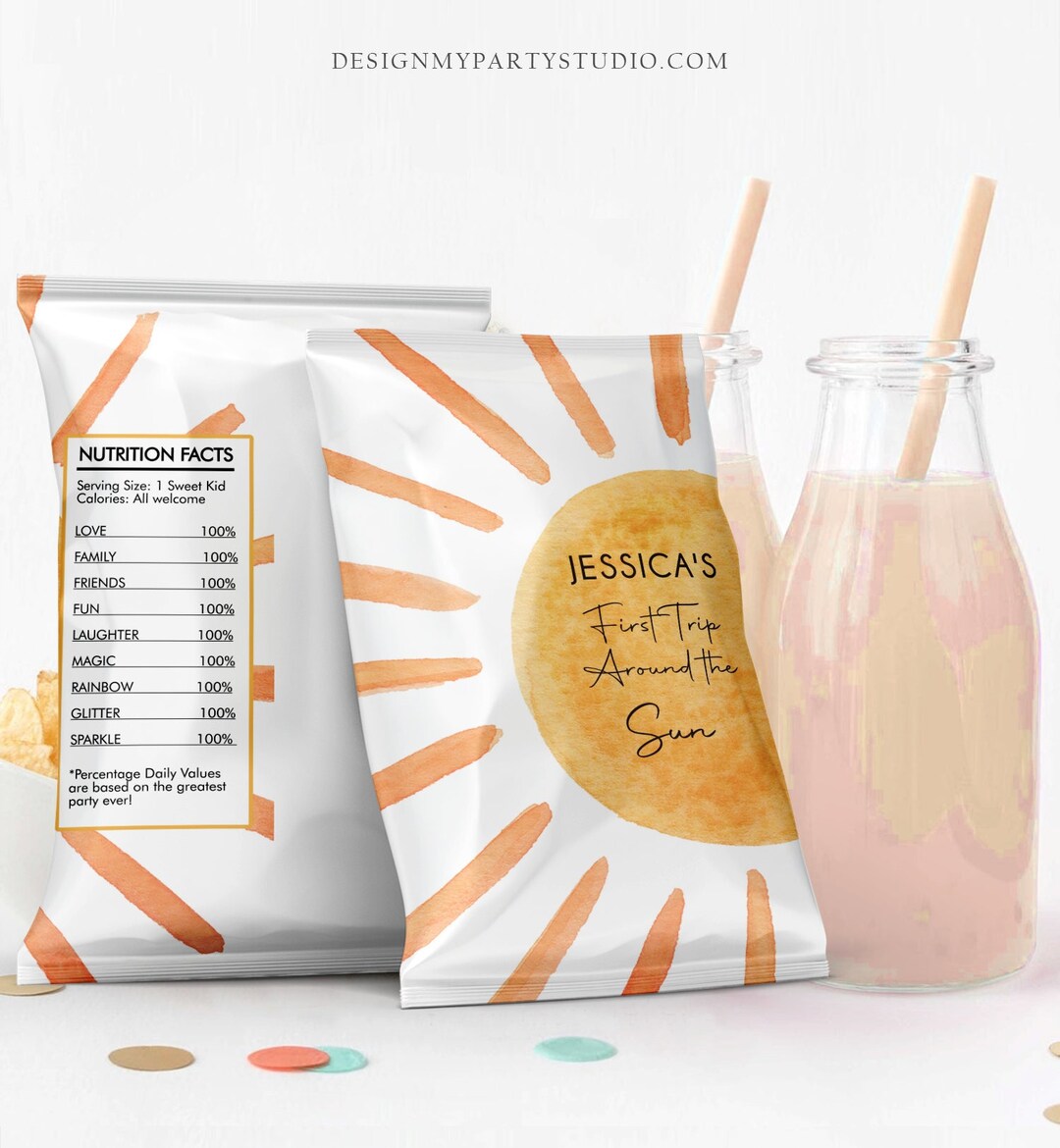 Editable Sun Chip Bag Boho Suns Birthday Party Decor First Trip Around ...
