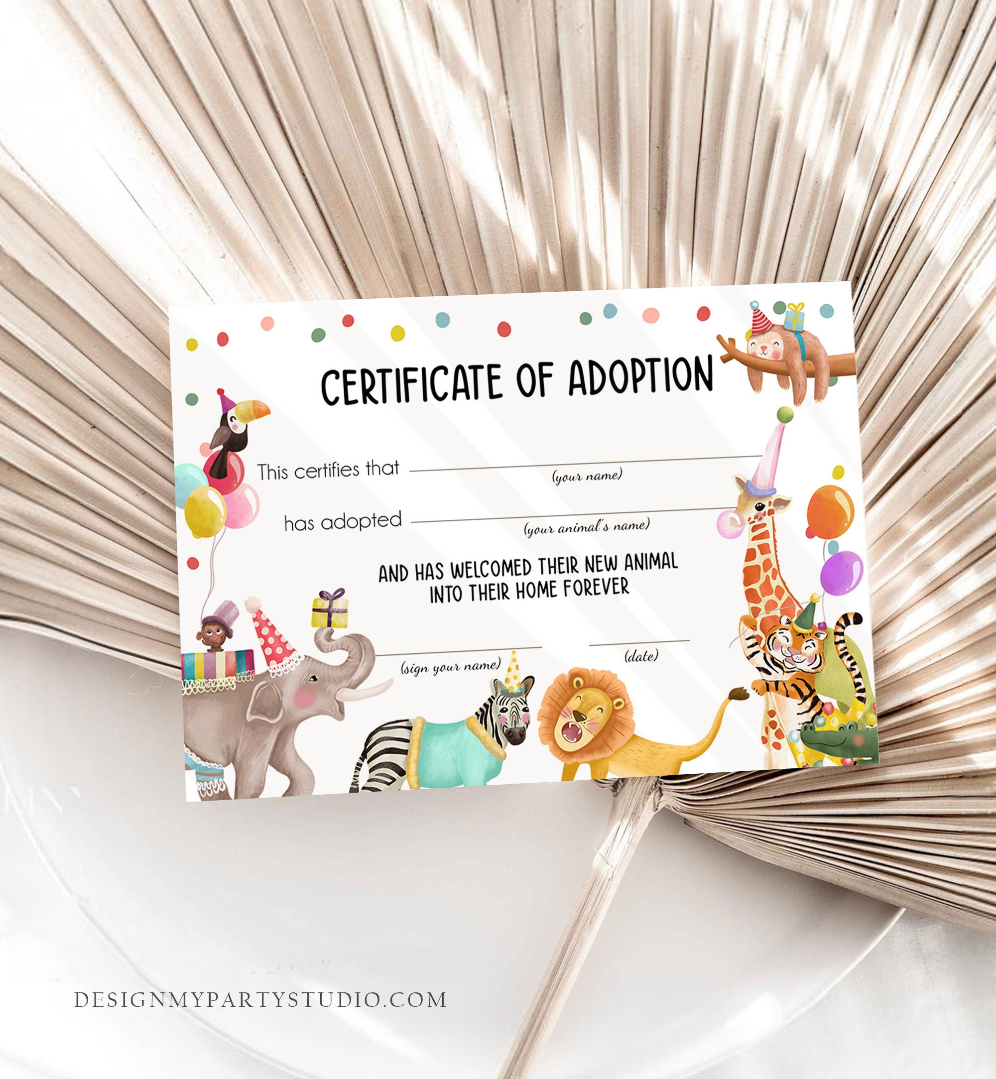 Adopt an Animal Adoption Certificate Safari Adoption Wild One Birthday ...