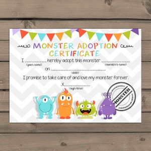 Adopt a Monster Certificate and Sign Monster Birthday Monster Adoption ...