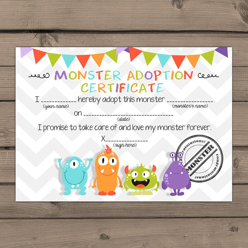 Adopt a Monster Certificate and Sign Monster Birthday Monster Adoption ...