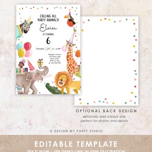 Editable Calling All Party Animals Birthday Invitation Wild One Jungle ...