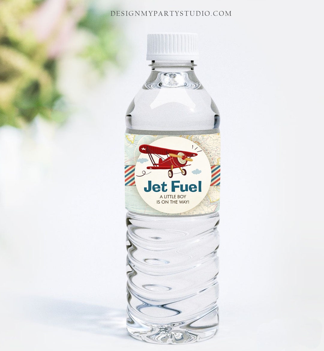 Editable Airplane Water Bottle Label Jet Fuel Labels Boy Baby Shower ...