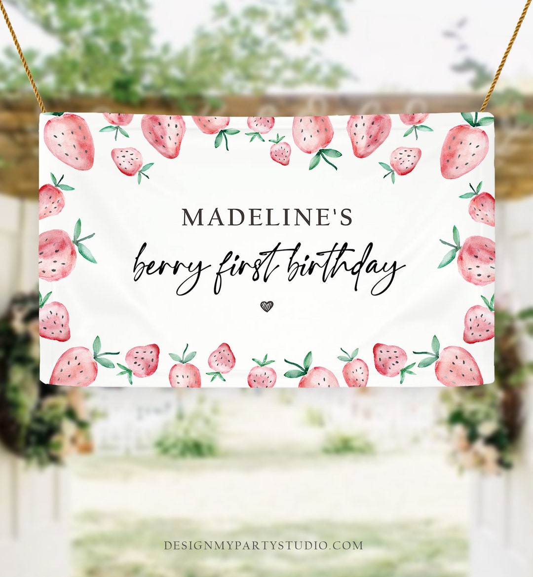 Editable Strawberry Backdrop Banner Strawberry Berry First Birthday ...