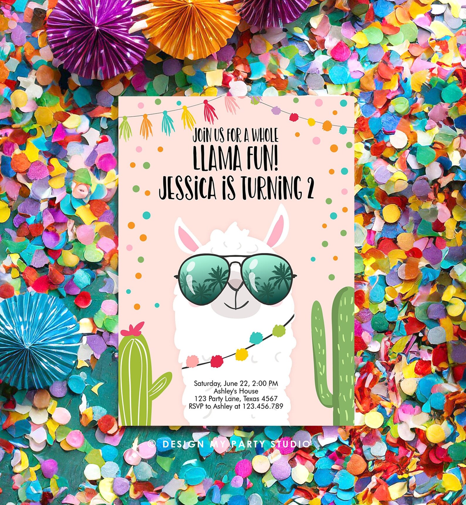 Editable Whole Llama Fun Birthday Invitation Llama Fiesta Cactus ...