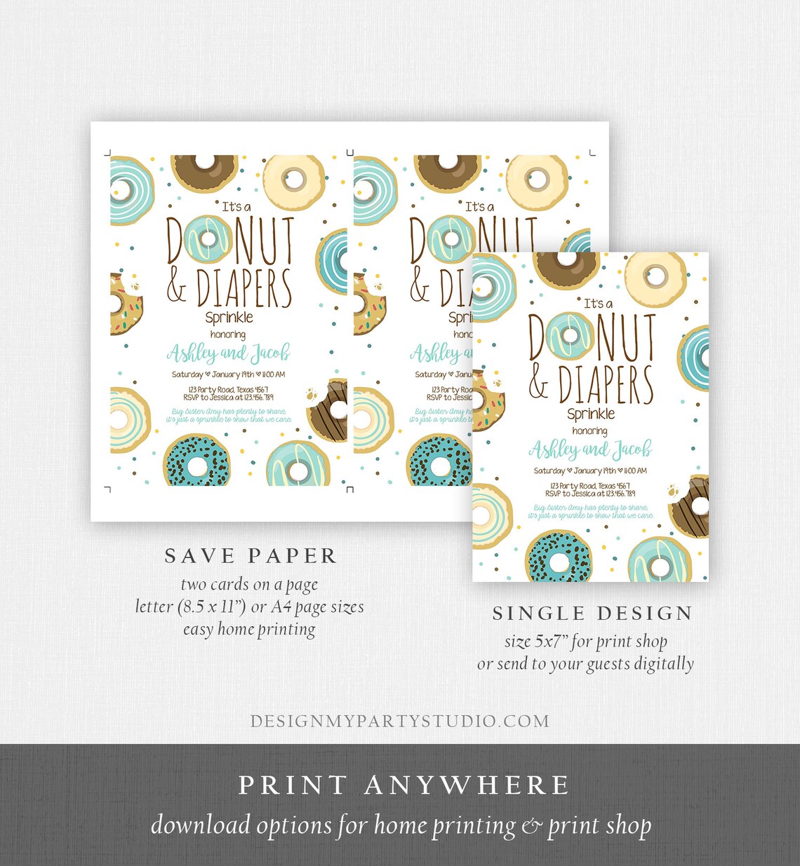 Editable Donut and Diapers Sprinkle Invitation Baby Shower Coed Shower ...