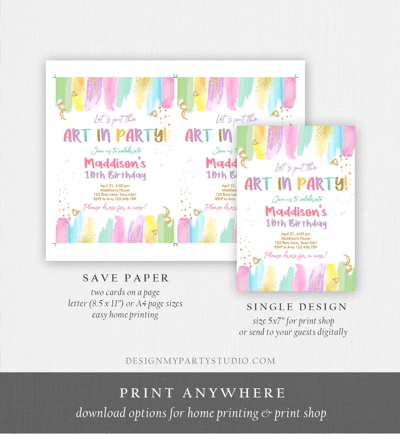 Editable Art Party Invitation Art Birthday Invite Painting Party Craft ...