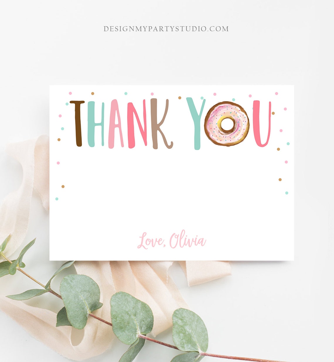 Editable Donut Thank You Card Note Pink Girl Birthday Party Doughnut ...