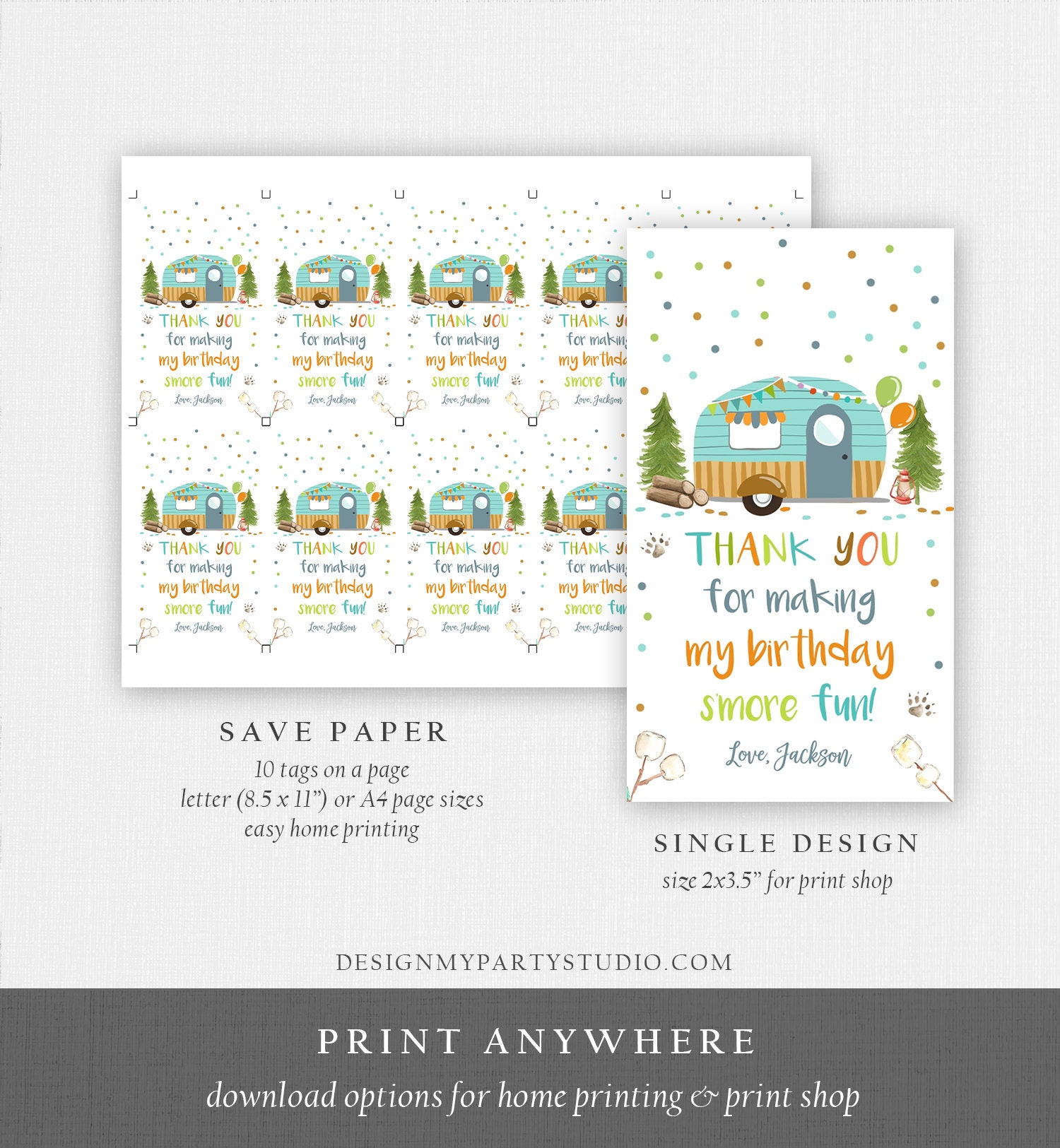 Editable S'more Fun Tags Thank You Happy Camper Birthday Party Favor ...
