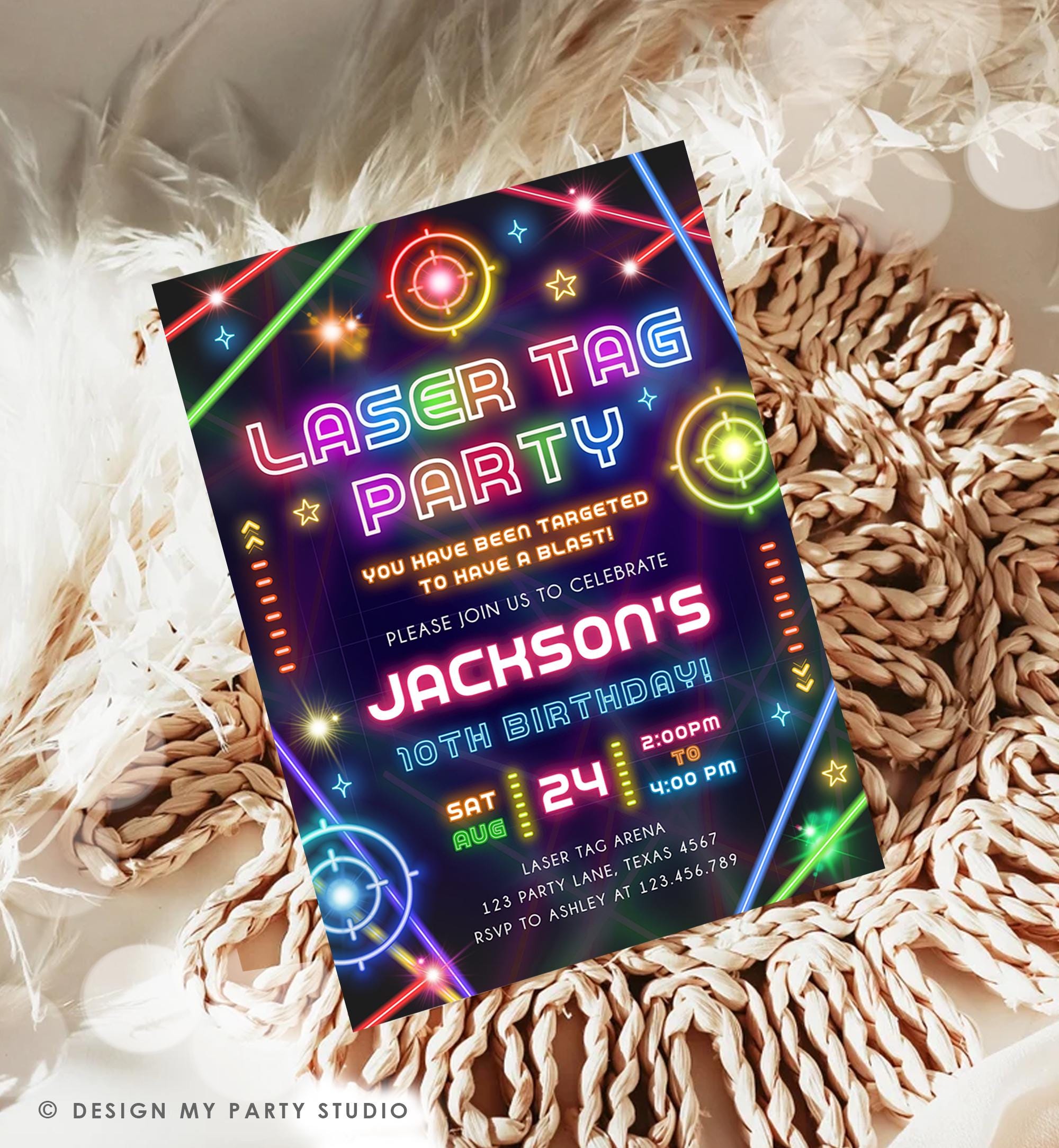 Editable Laser Tag Party Birthday Invitation Animals Neon Glow Arcade ...