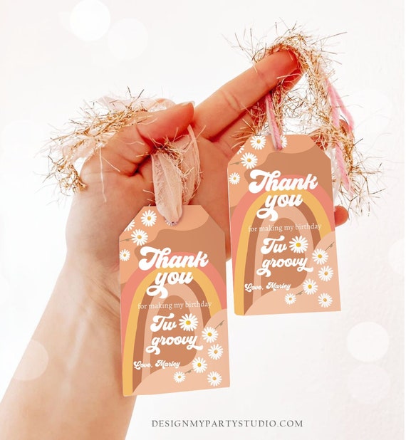 Editable Retro Daisy Favor Tags 2nd Two Groovy Birthday Thank you Tags ...