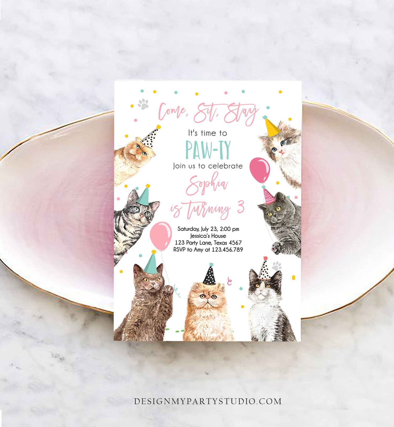 Editable Cat Birthday Party Invitation Kitten Birthday Invite Pink Girl ...