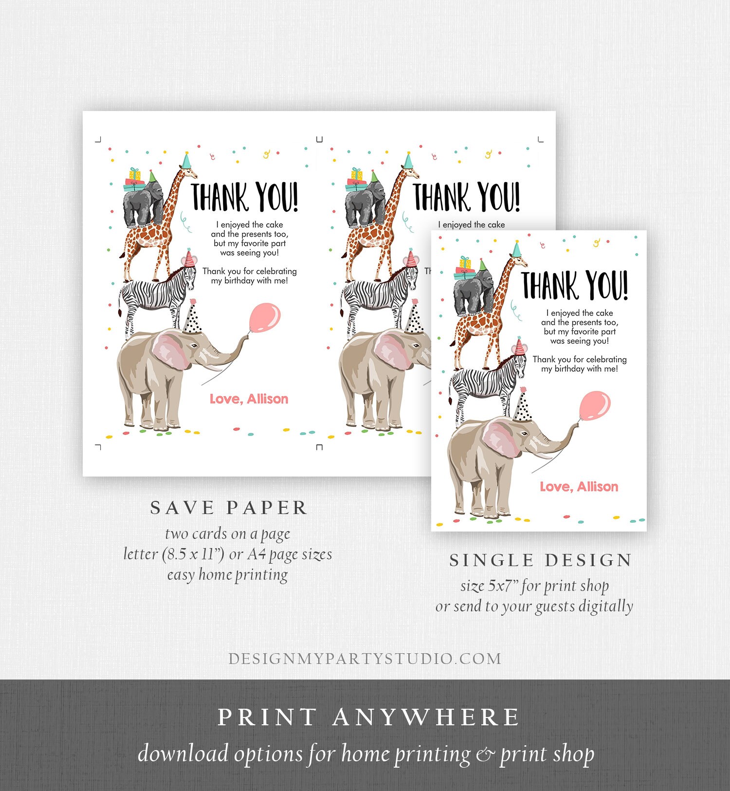 Editable Thank You Card Party Animals Thank You Note Wild - Etsy