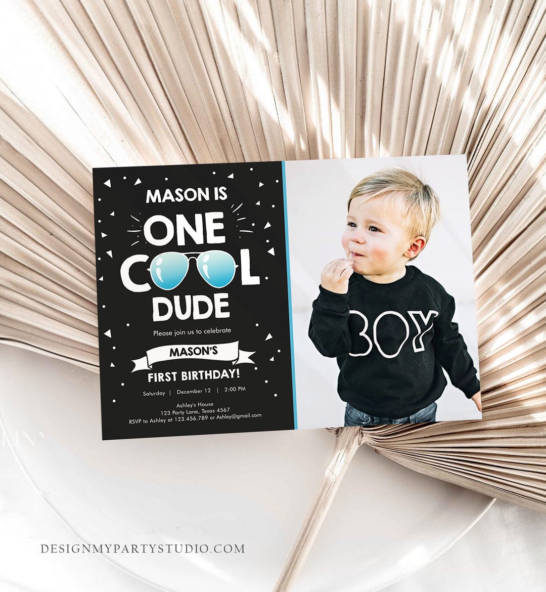 Editable One Cool Dude 1st Birthday Invitation Boy First Birthday Party ...