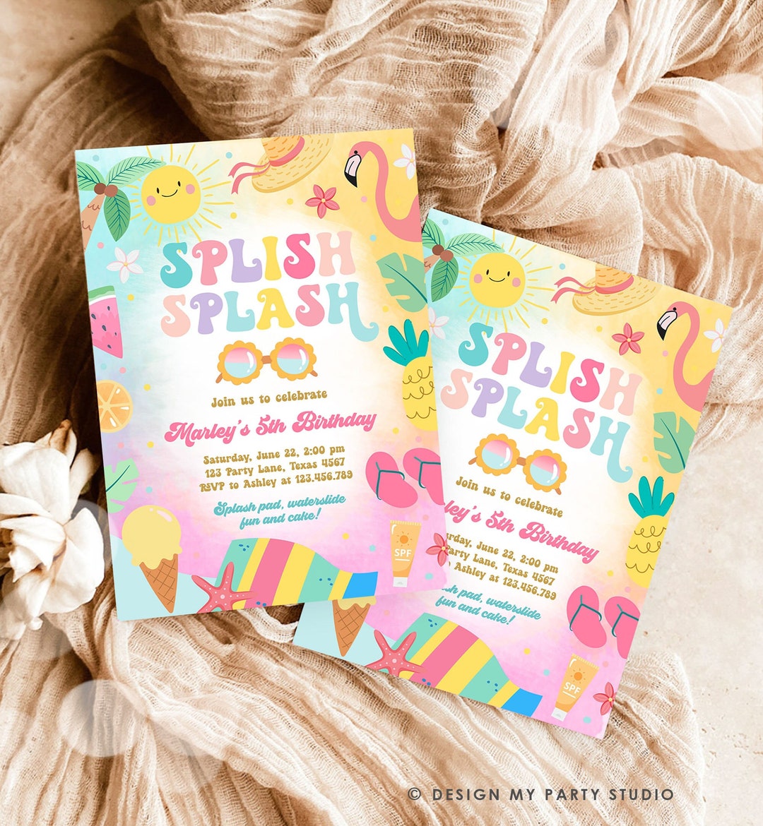 Editable Splish Splash Birthday Invitation Pool Party Girl Summer ...